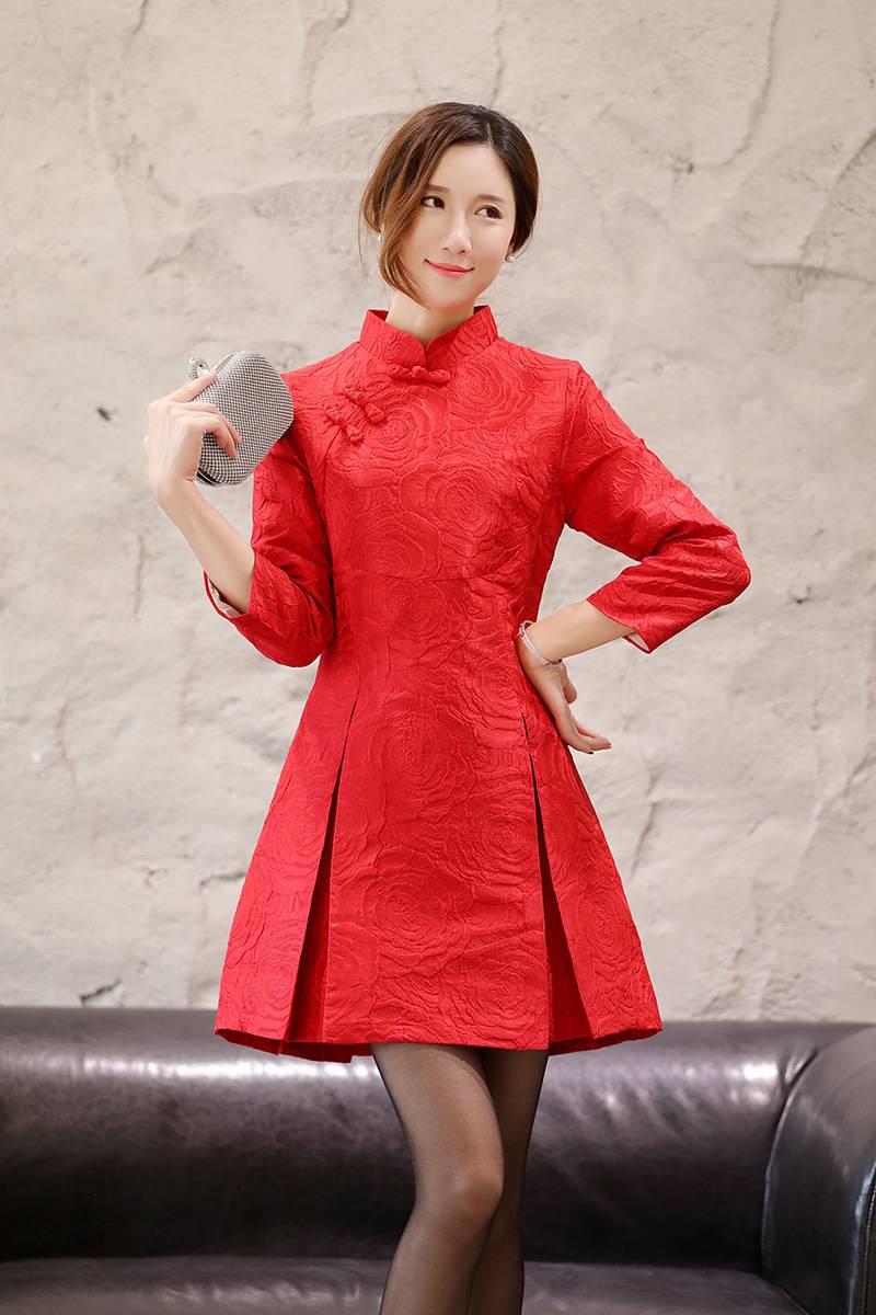 Mid Sleeves Jacquard Red Chinese Dress