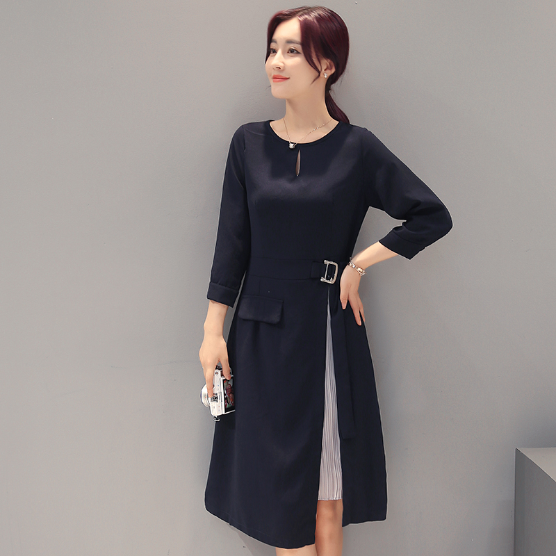 K-Fashion 3/4 Quarter Sleeve Navy OL Dress