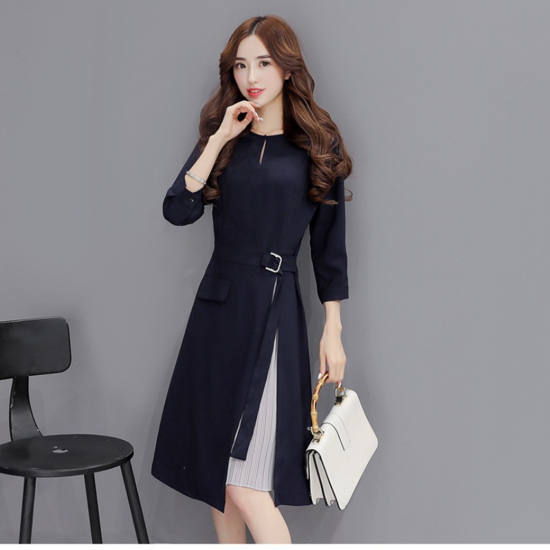 K-Fashion 3/4 Quarter Sleeve Navy OL Dress