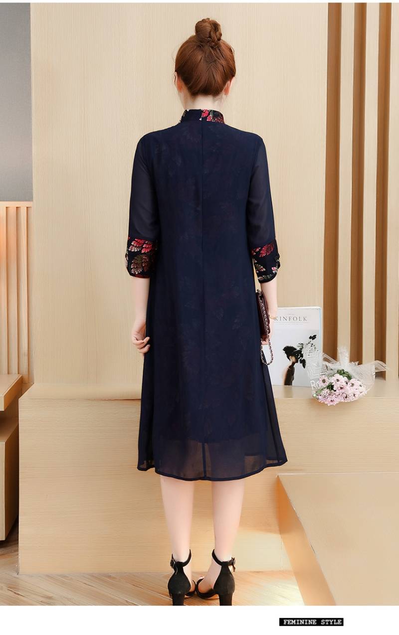 Retro Chinese Navy Midi Linen Cheongsam Dress