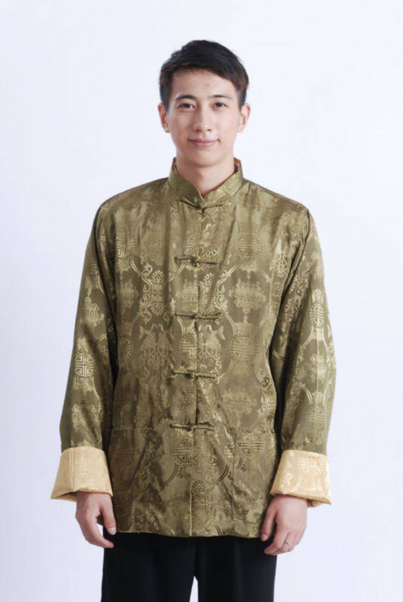 Man's Double-Fish Reversible Mandarin Jacket【Green + Gold】