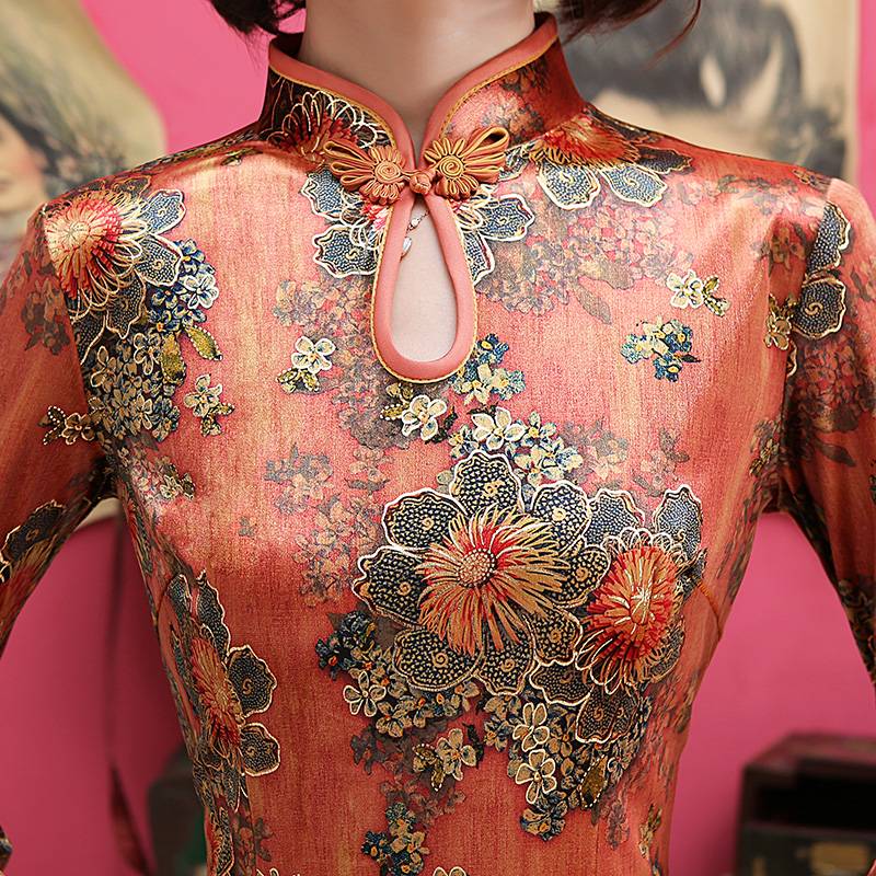 Plush Velvet Orange Flora Midi Cheongsam