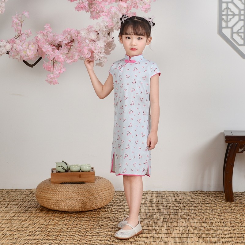 Hangzhou Children Light Blue Faux Silk Qipao