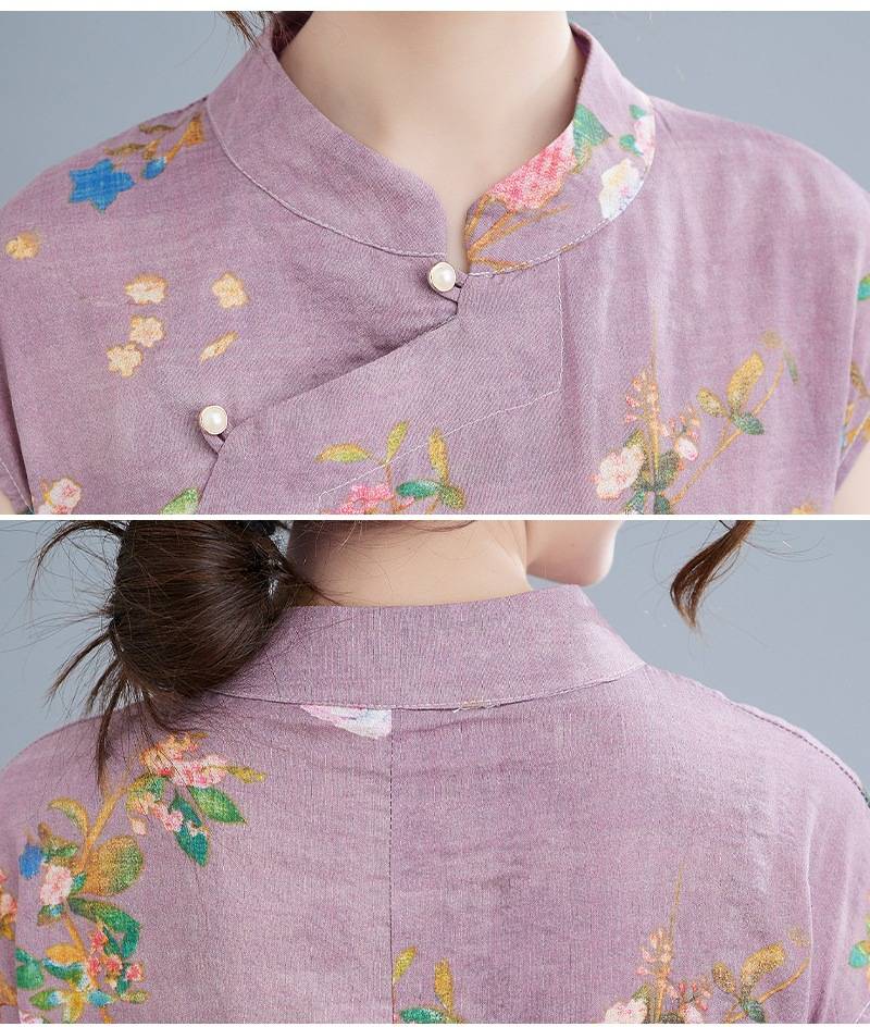 Vintage Linen Light Purple Maxi Cheongsam Dress
