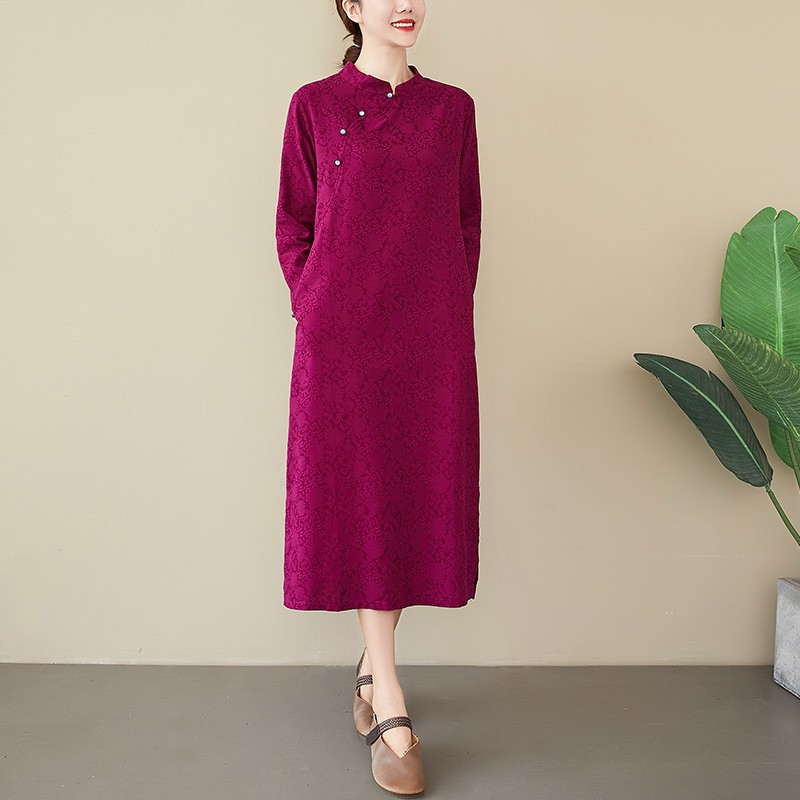 Vintage Jacquard Linen Maroon Maxi Cheongsam Dress