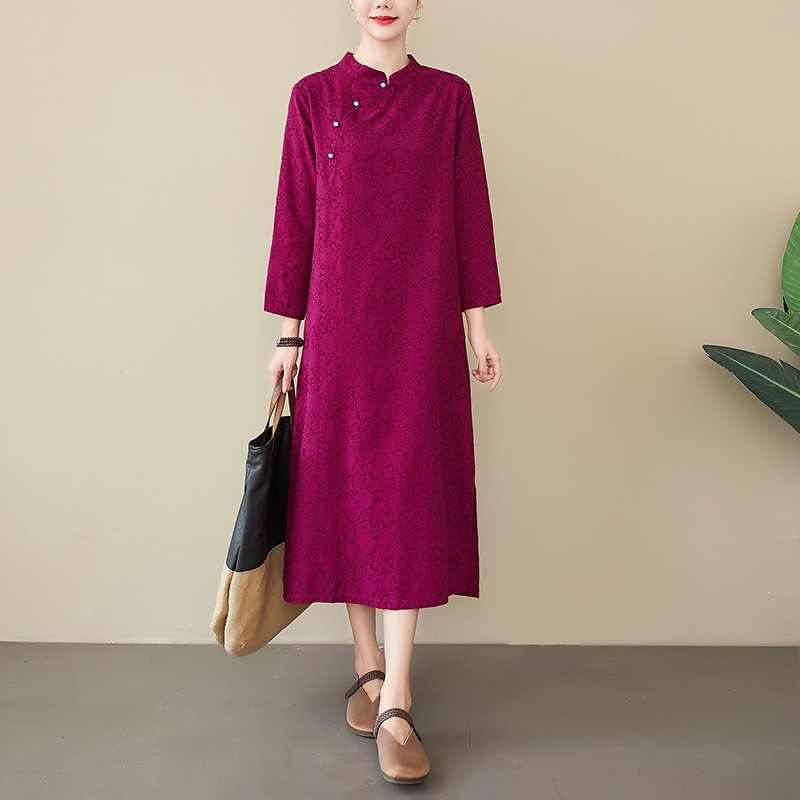 Vintage Jacquard Linen Maroon Maxi Cheongsam Dress