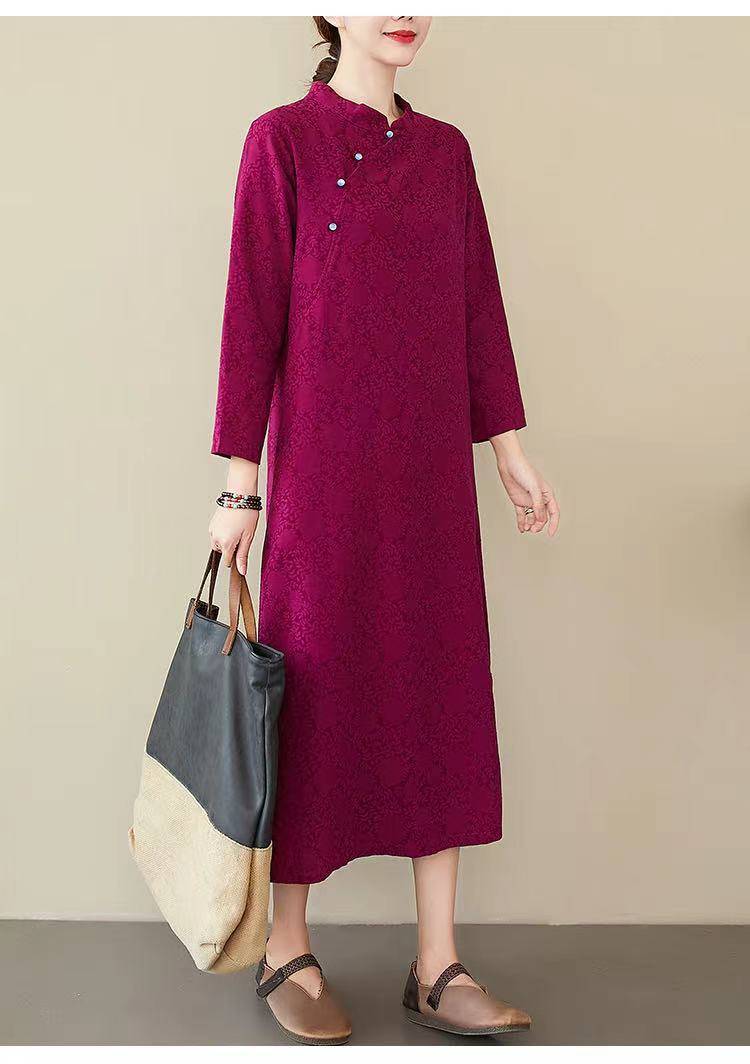 Vintage Jacquard Linen Maroon Maxi Cheongsam Dress