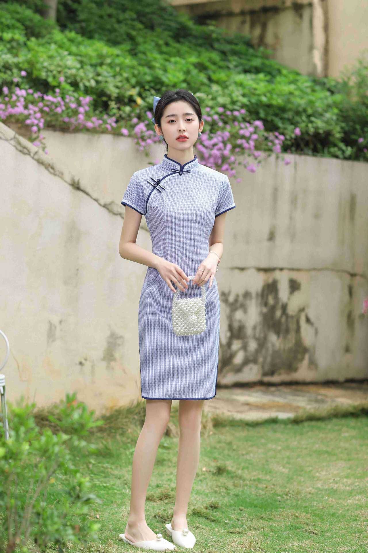 Hangzhou Purple Lace Plaid Cotton Mini Qipao