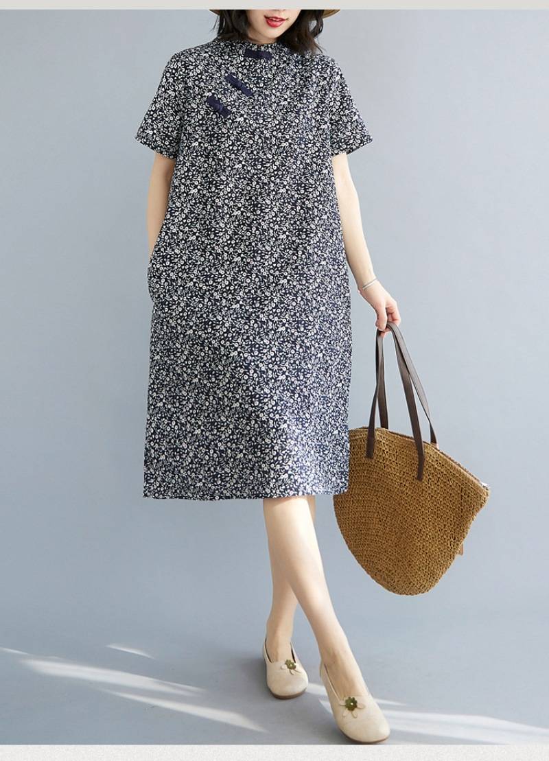 Vintage Dark Blue Floral Linen Midi Cheongsam Dress