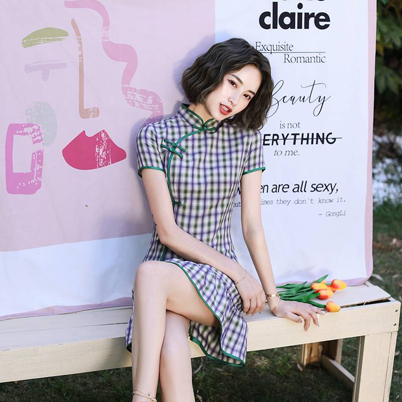 Fishtail Plaid Purple Mini Qipao Dress