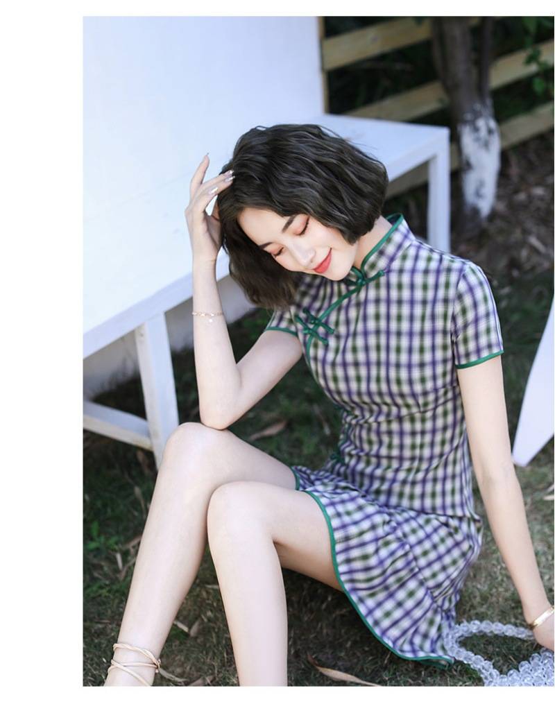Fishtail Plaid Purple Mini Qipao Dress
