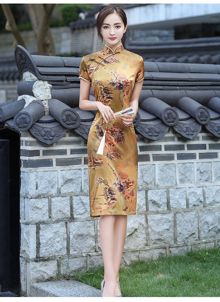 Polyester Satin Gold Vintage Midi Cheongsam