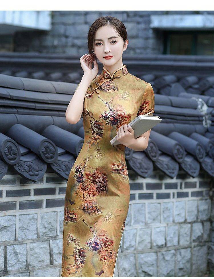 Polyester Satin Gold Vintage Midi Cheongsam
