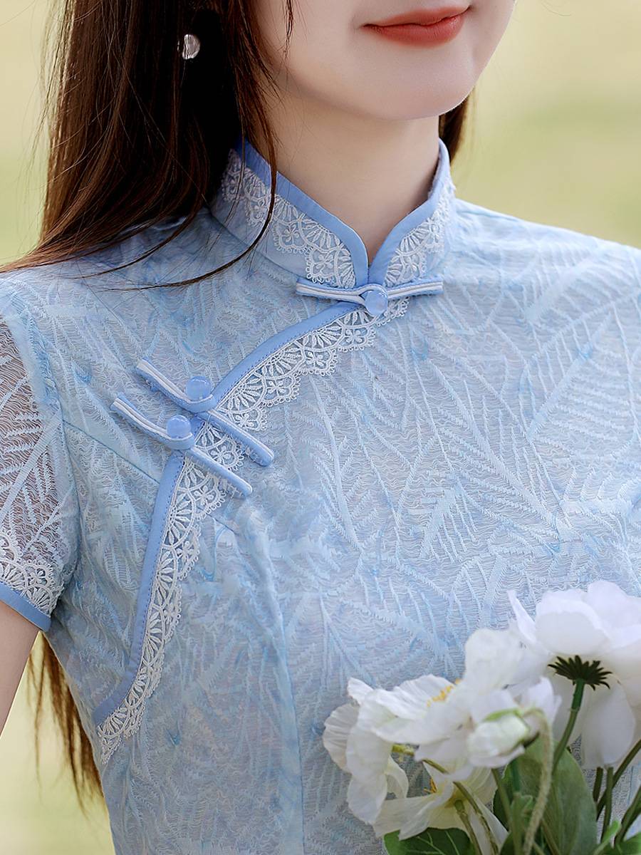 Fresh and Sweet Lace Light Blue Midi Cheongsam