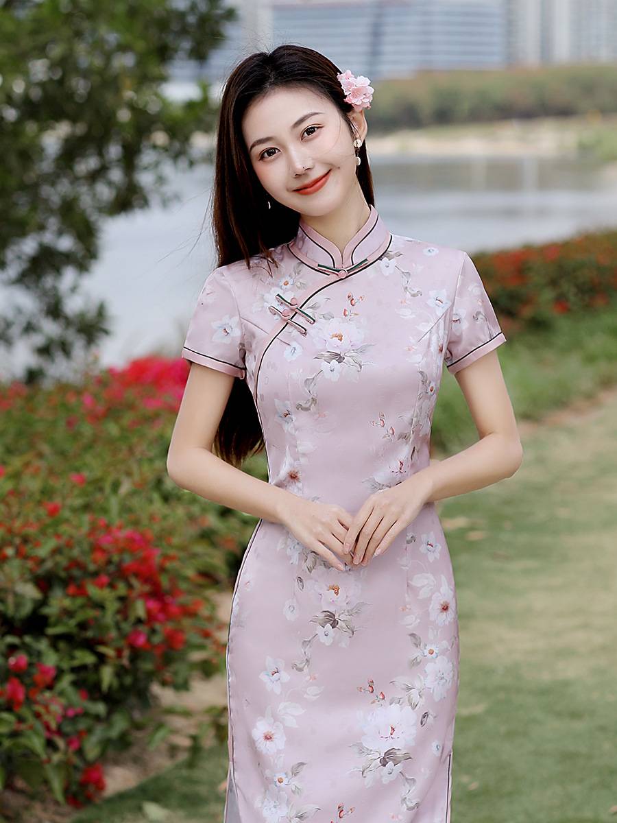 Elegant Faux Silk Pink Retro Midi Cheongsam