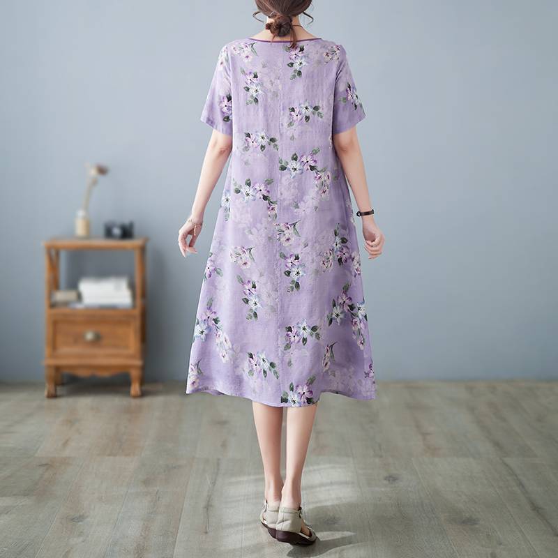 Retro Linen-Cotton Print Purple Midi Cheongsam Dress