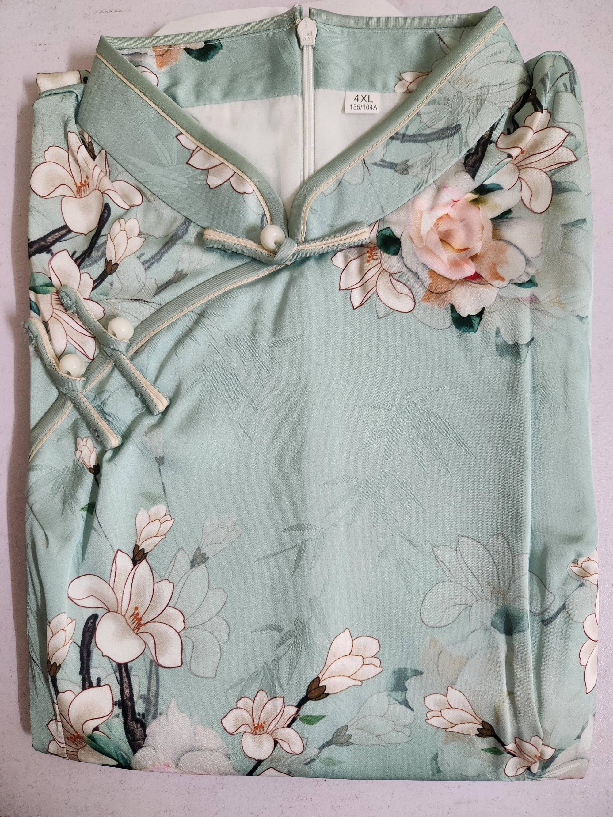 Old Shanghai Faux Silk Green Gardenia Midi Cheongsam