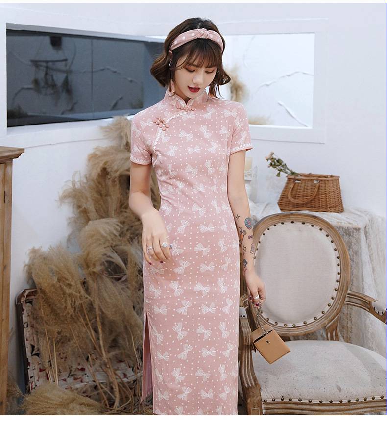 Pink Bow Cotton Midi Cheongsam