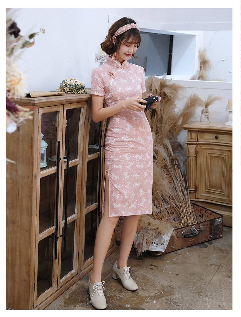 Pink Bow Cotton Midi Cheongsam