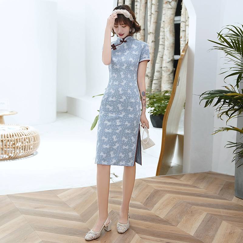 Blue Bow Cotton Midi Cheongsam