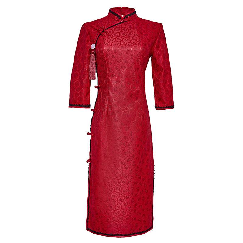 Suzhou 3/4 sleeve Lace Maroon Midi Cheongsam
