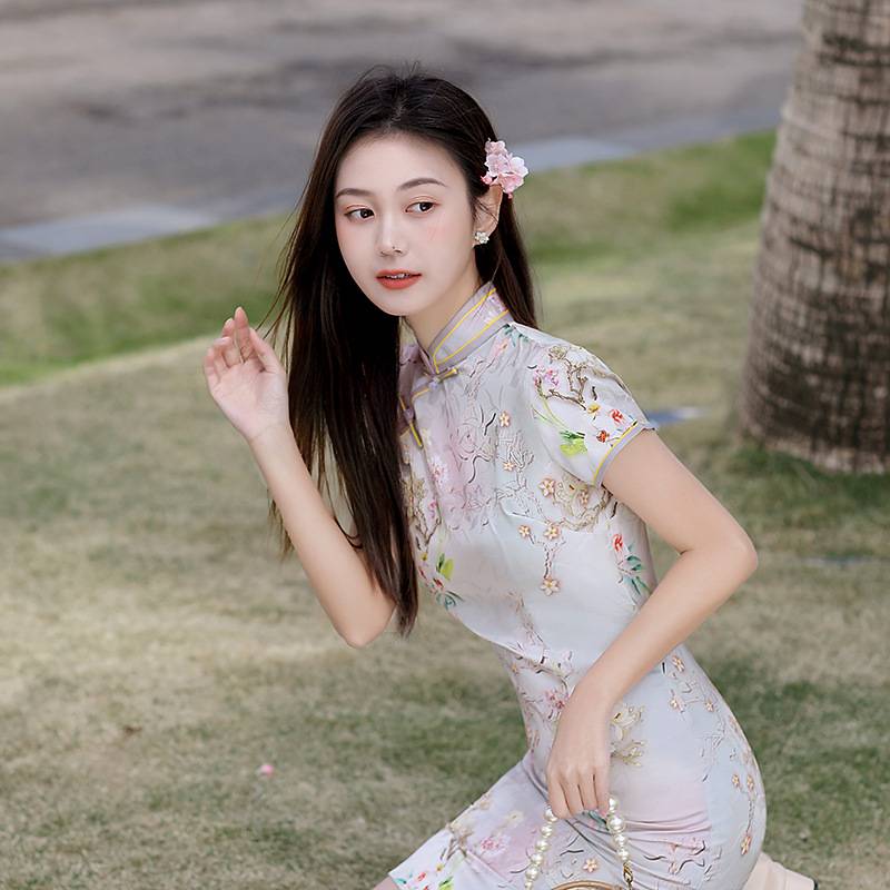 Hangzhou Faux Silk Grey Mini Qipao