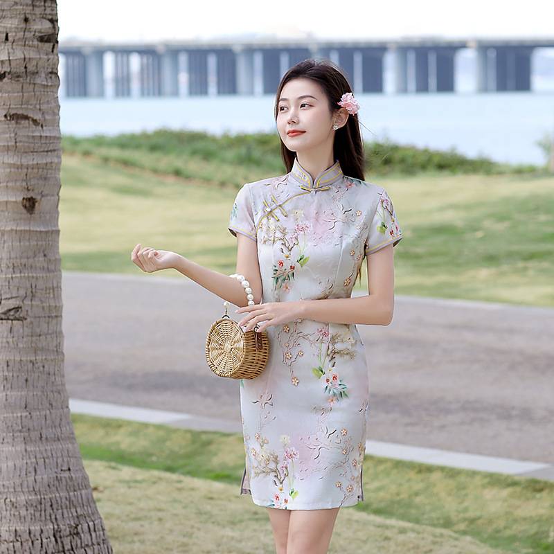 Hangzhou Faux Silk Grey Mini Qipao