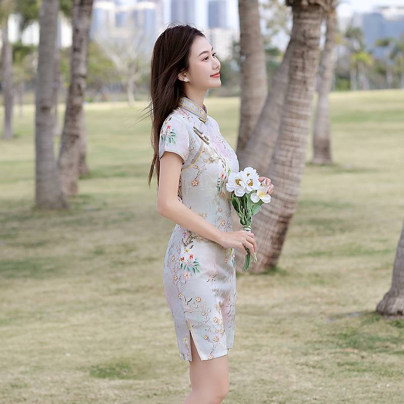 Hangzhou Faux Silk Grey Mini Qipao