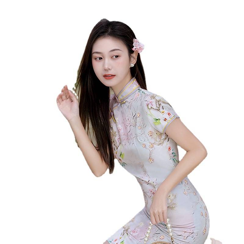 Hangzhou Faux Silk Grey Mini Qipao