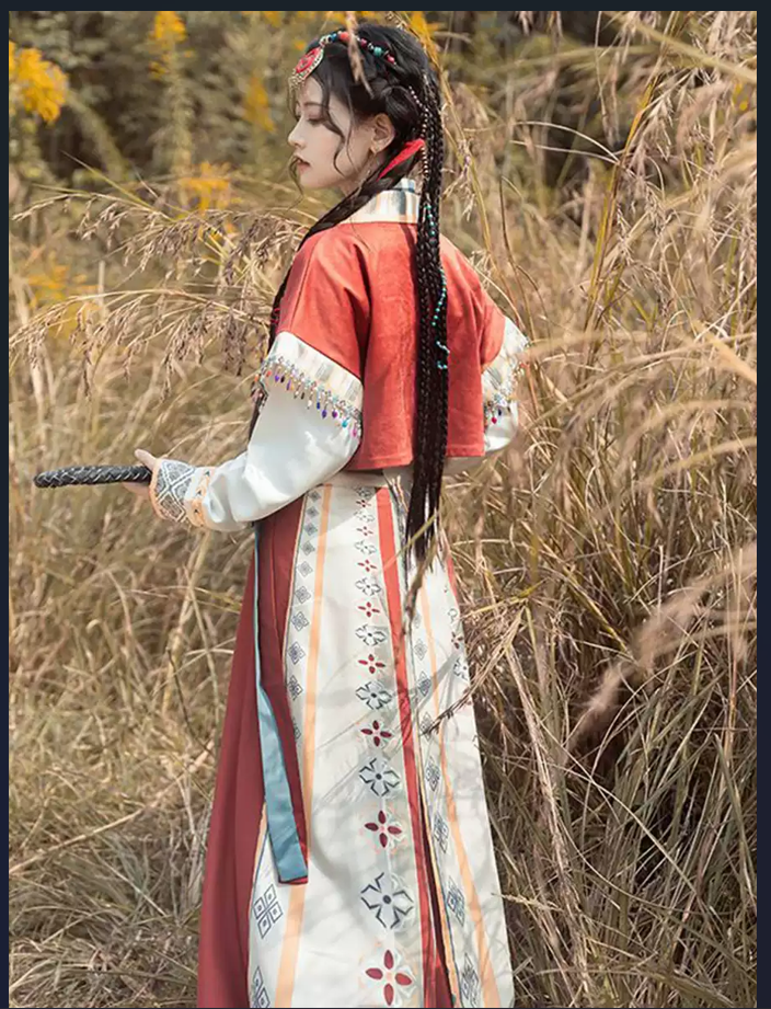 Hanfu Red Short Sleeve Jacket Mamianqun Maxi Skirt 3-PC Set 【红不拉叽 ...