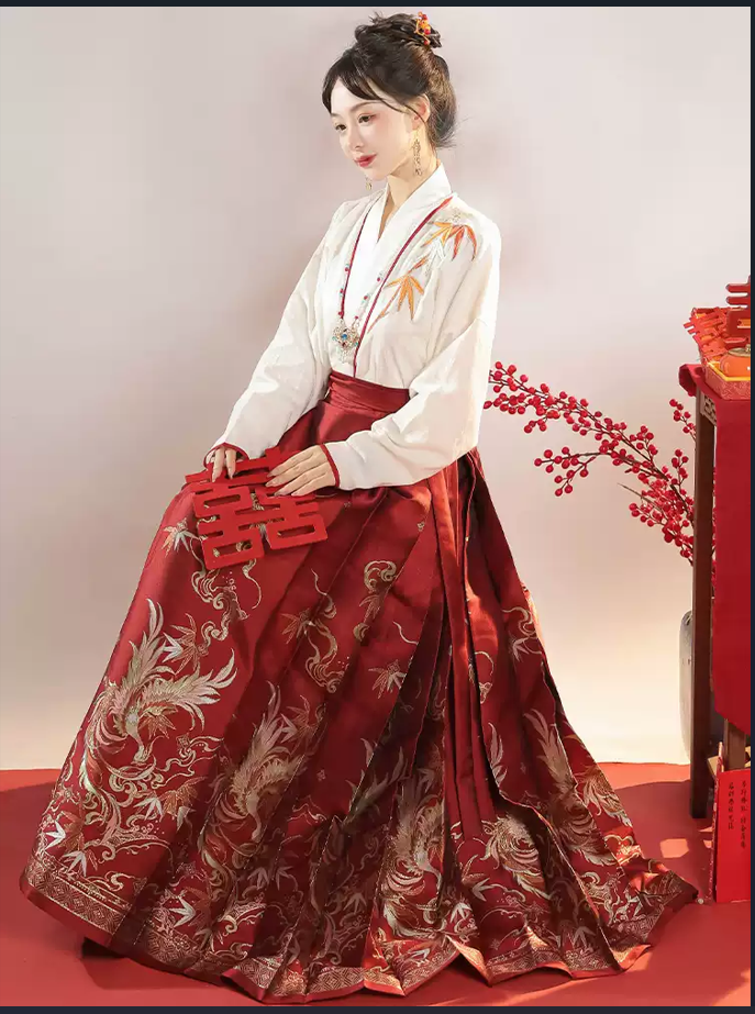 Phoenix Chirping In Bamboo Mamianqun Hanfu Red Maxi Skirt 2-PC Set ...