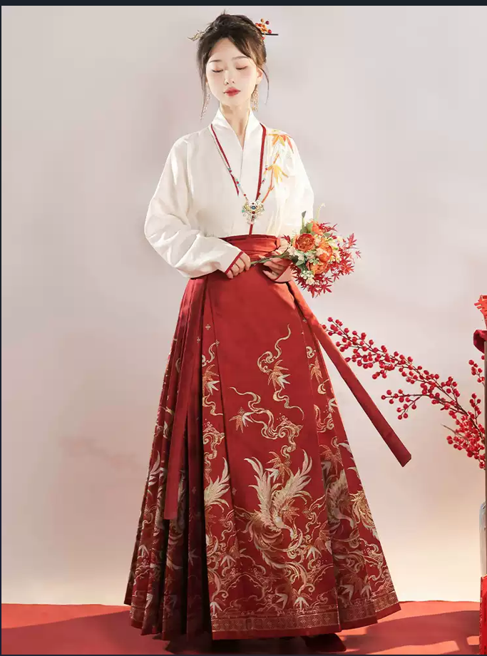 Phoenix Chirping In Bamboo Mamianqun Hanfu Red Maxi Skirt 2-PC Set ...