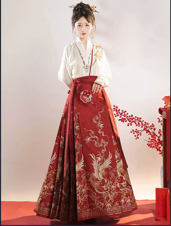 Phoenix Chirping In Bamboo Mamianqun Hanfu Red Maxi Skirt 2-PC Set ...