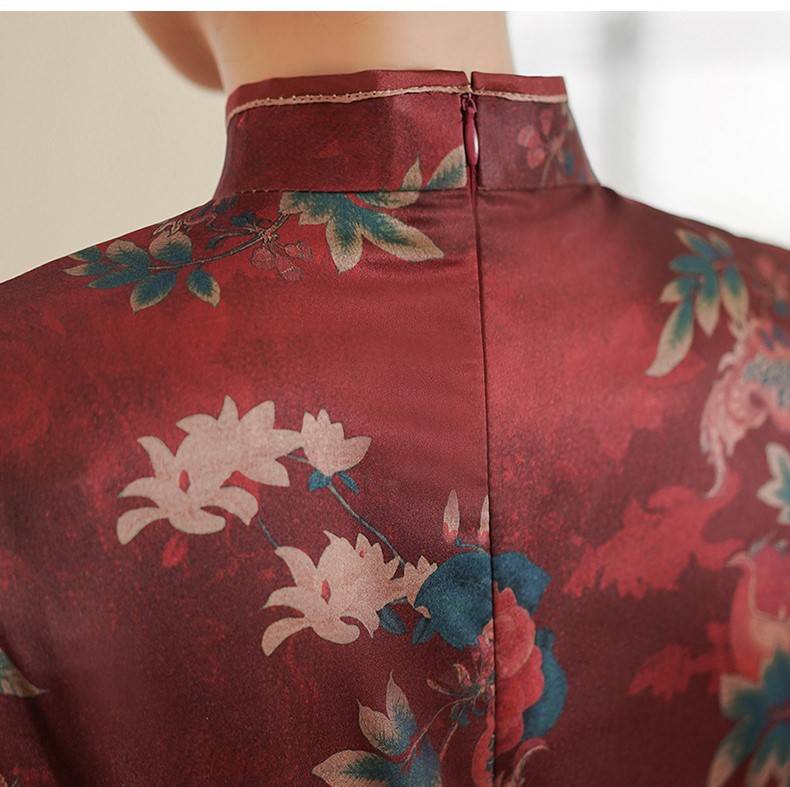 Polyester Satin Maroon Elegant Maxi Cheongsam
