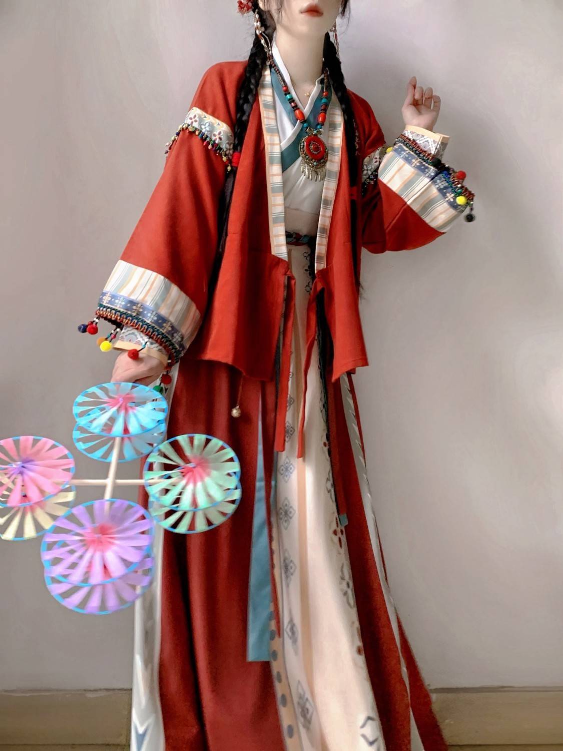 Hanfu Long Sleeve Jacket Red Maxi Skirt 3-PC Set 10005-29