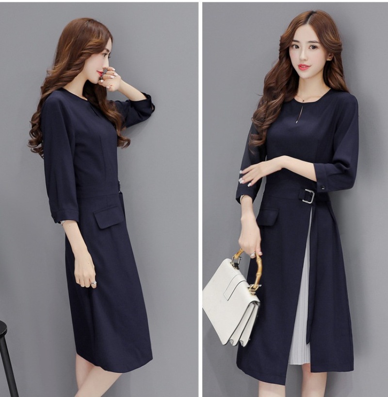 K-Fashion 3/4 Quarter Sleeve Navy OL Dress