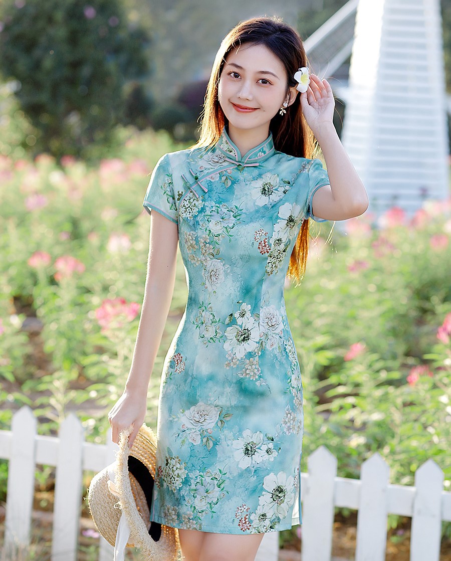 Hangzhou Faux Silk Green Mini Qipao
